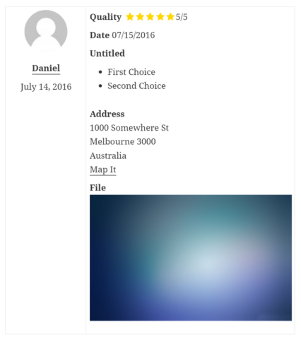 [mrp_rating_entry_details_list] shortcode for a Gravity Forms entry - Multi Rating Pro